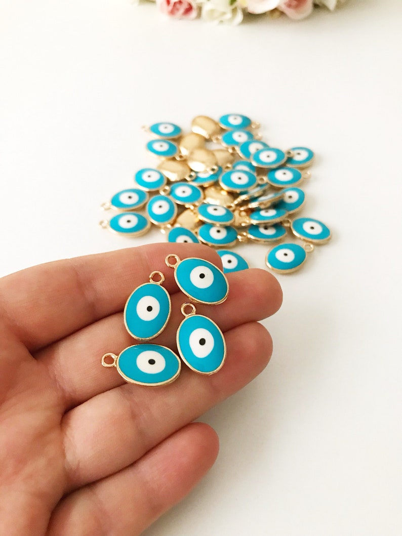 Set of 5 Evil Eye Charms, Gold Evil Eye Pendant, Enamel Beads, Blue ...