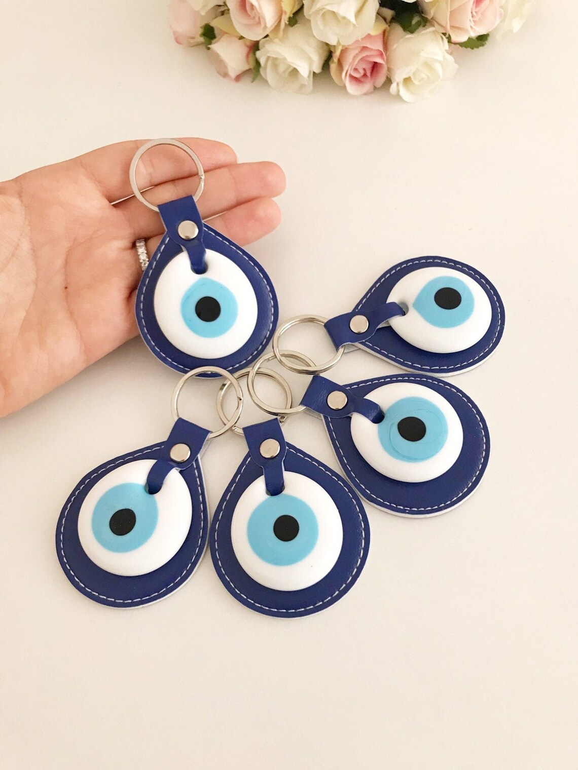 Blue Leather Evil Eye Keychain, White Evil Eye Beads, Housewarming Gift ...