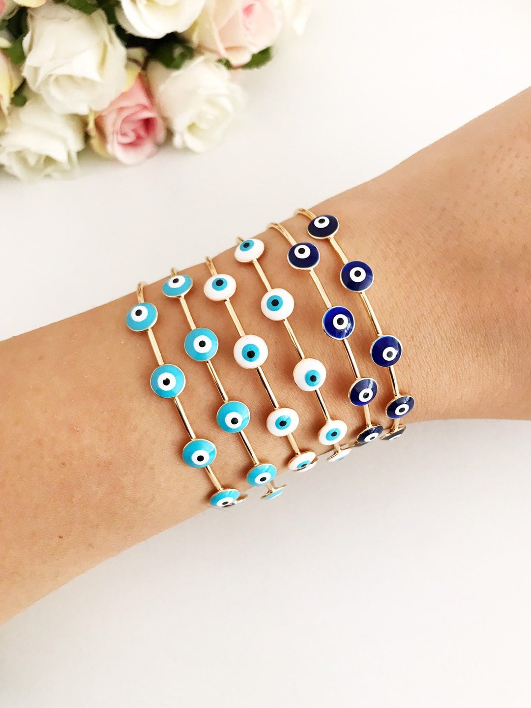 Gold Evil Eye Bangle Bracelet, Adjustable Evil Eye Cuff Bracelet ...