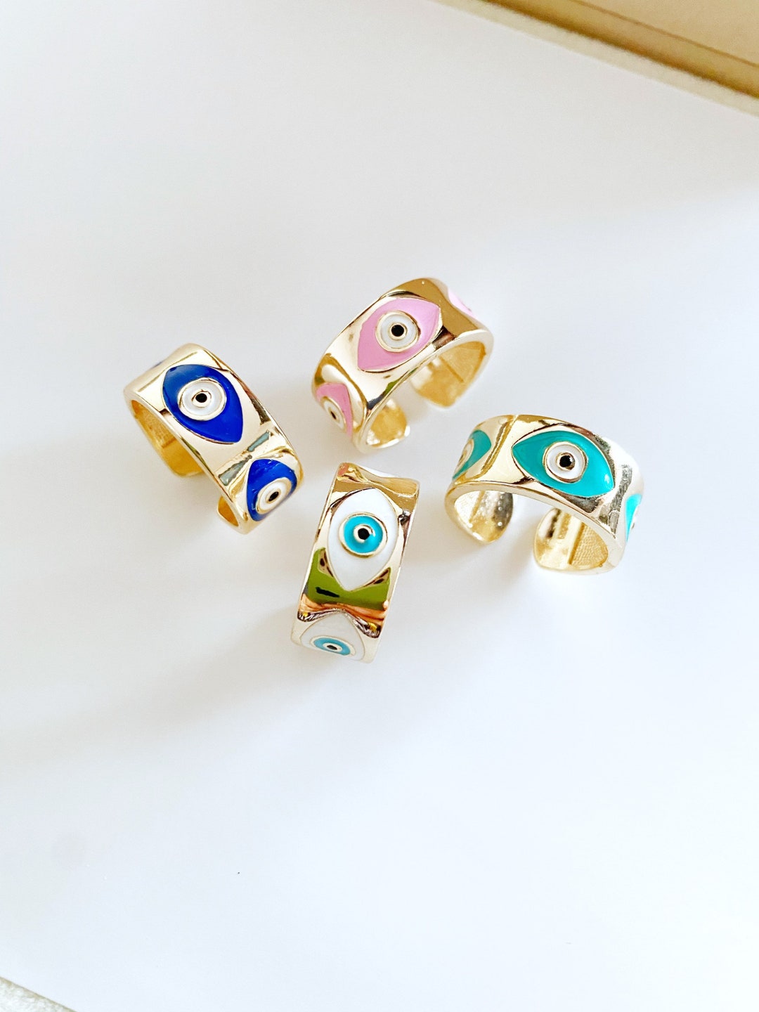 Gold Wide Band Evil Eye Ring, Adjustable Evil Eye Band Ring, Birthday ...