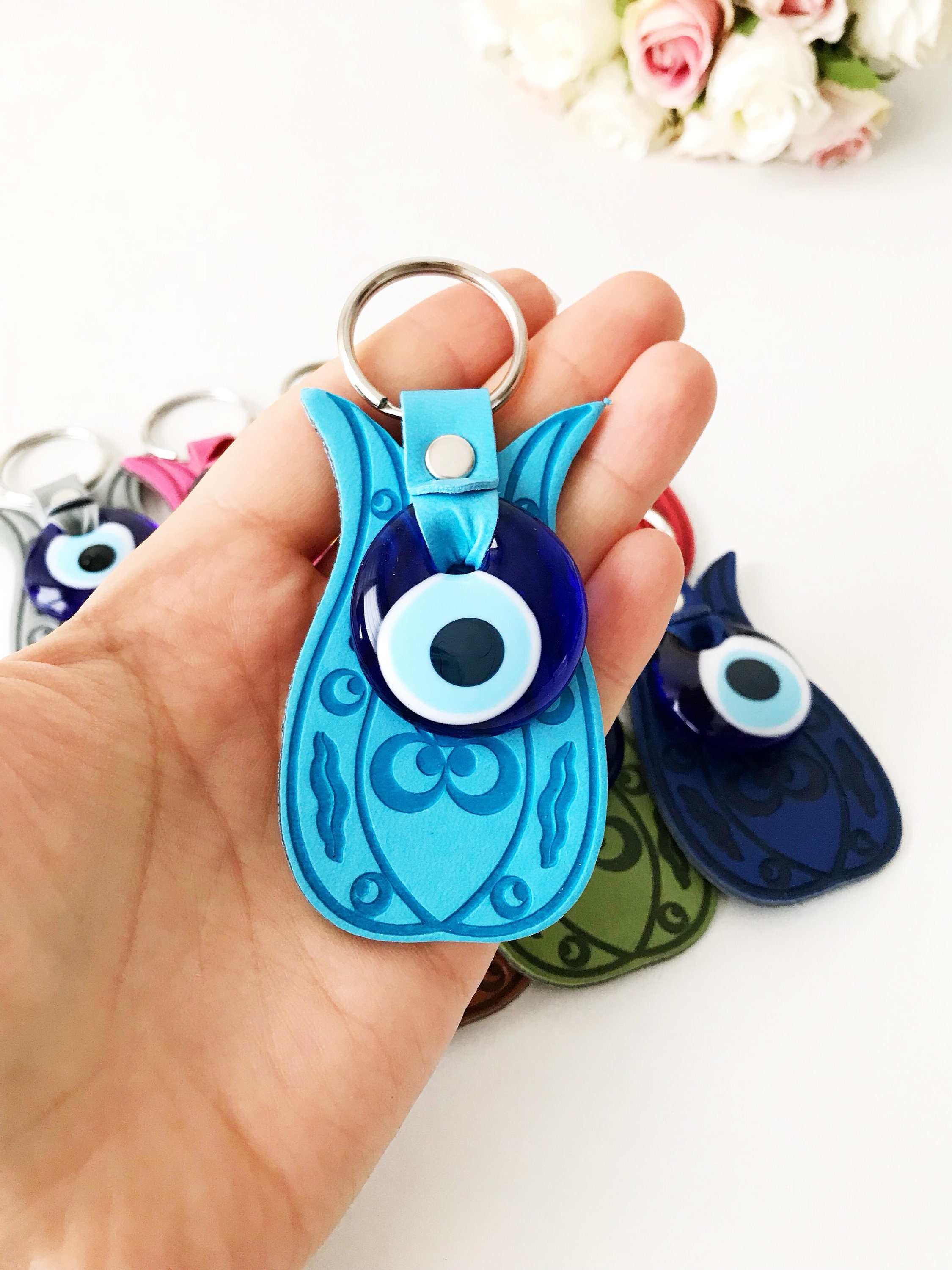 Evil Eye Keychain Evil Eye Tulip Keychain Sueade Leather - Etsy UK