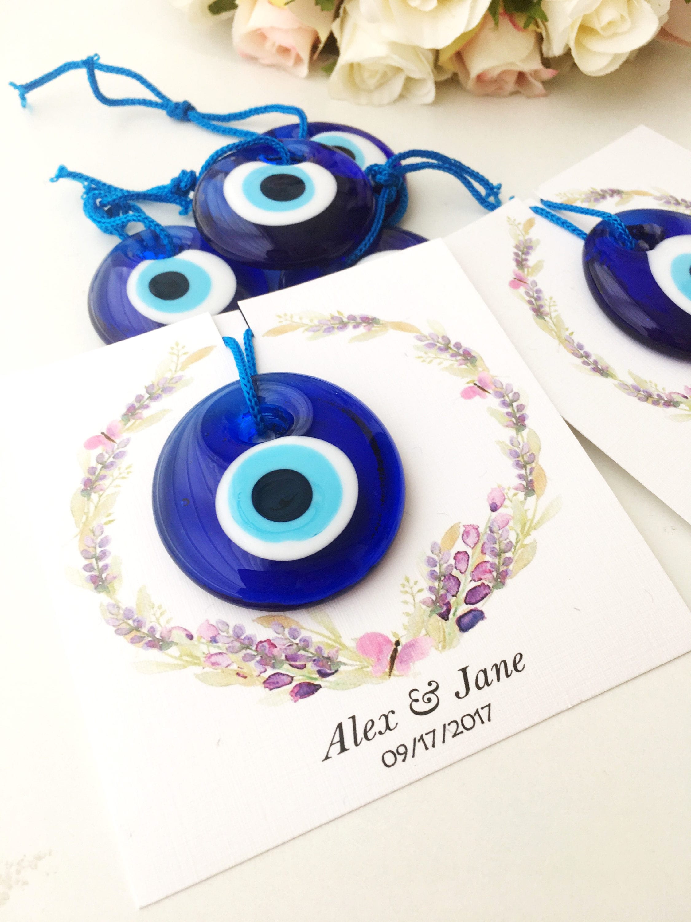 Blue evil eye beads nazar boncuk with personalized card | Etsy