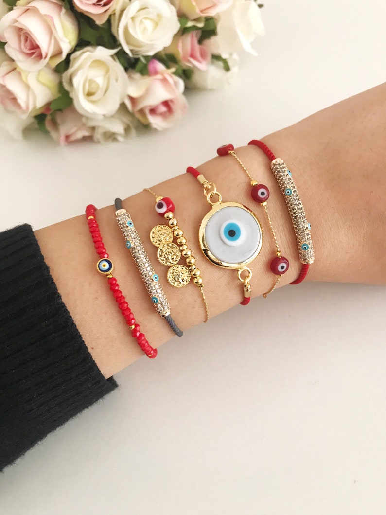 Red Greek Evil Eye Bracelet, Murano Glass Evil Eye Bracelet, Adjustable ...