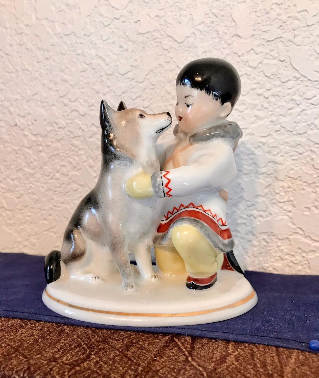 1960 LOMONOSOV LFZ Porcelain Figurine of Yakut Boy With Husky Dog, Made ...