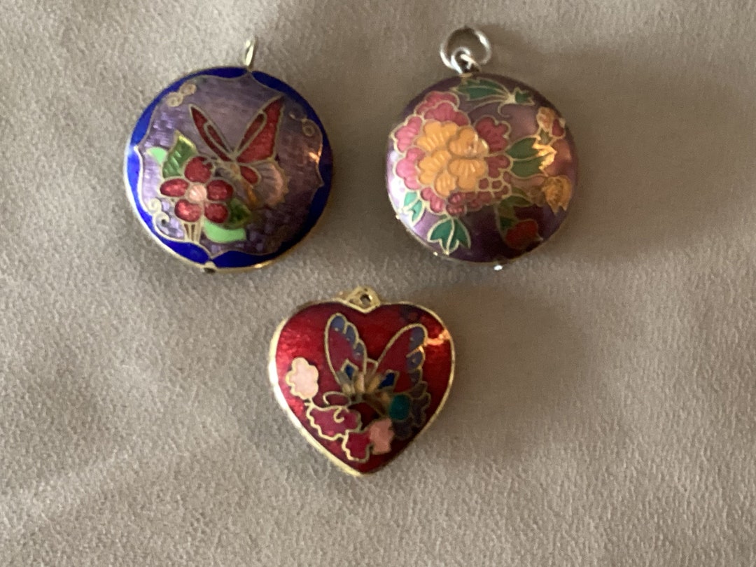 Three Vintage Enamel Cloisonné Pendants W/ Flowers and - Etsy