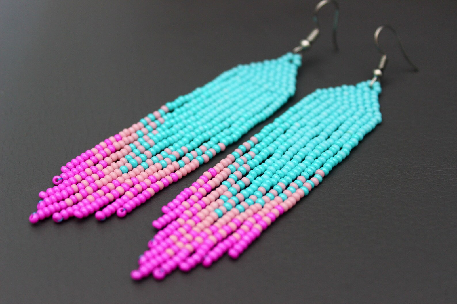 Blue Pink Beaded Earrings Dangle Earrings Long Beadwork Earrings Aztec ...
