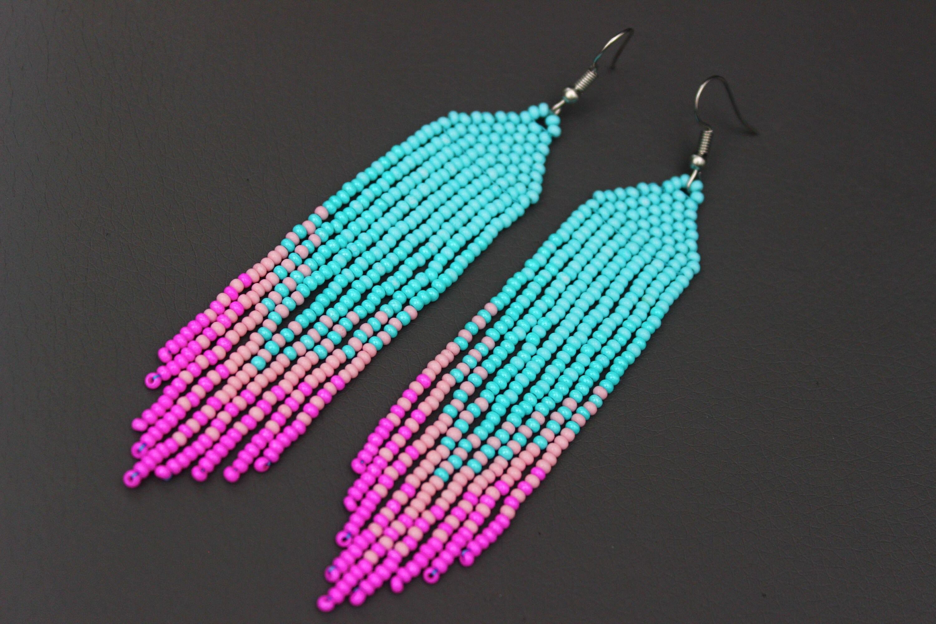 Blue pink beaded earrings Dangle earrings Long beadwork | Etsy