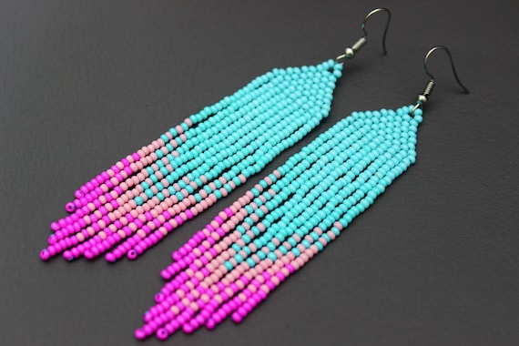 Blue pink beaded earrings Dangle earrings Long beadwork | Etsy