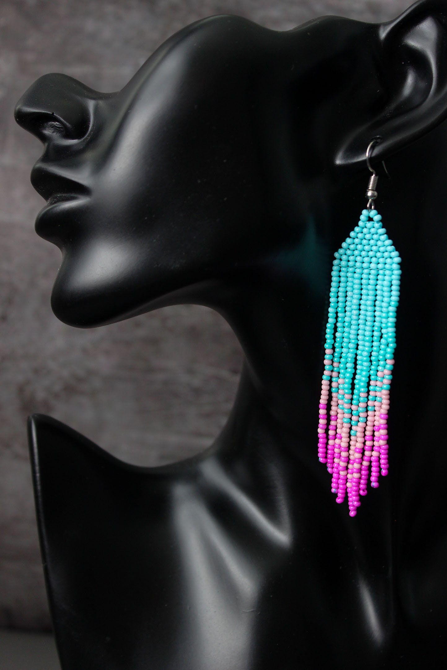 Blue pink beaded earrings Dangle earrings Long beadwork | Etsy