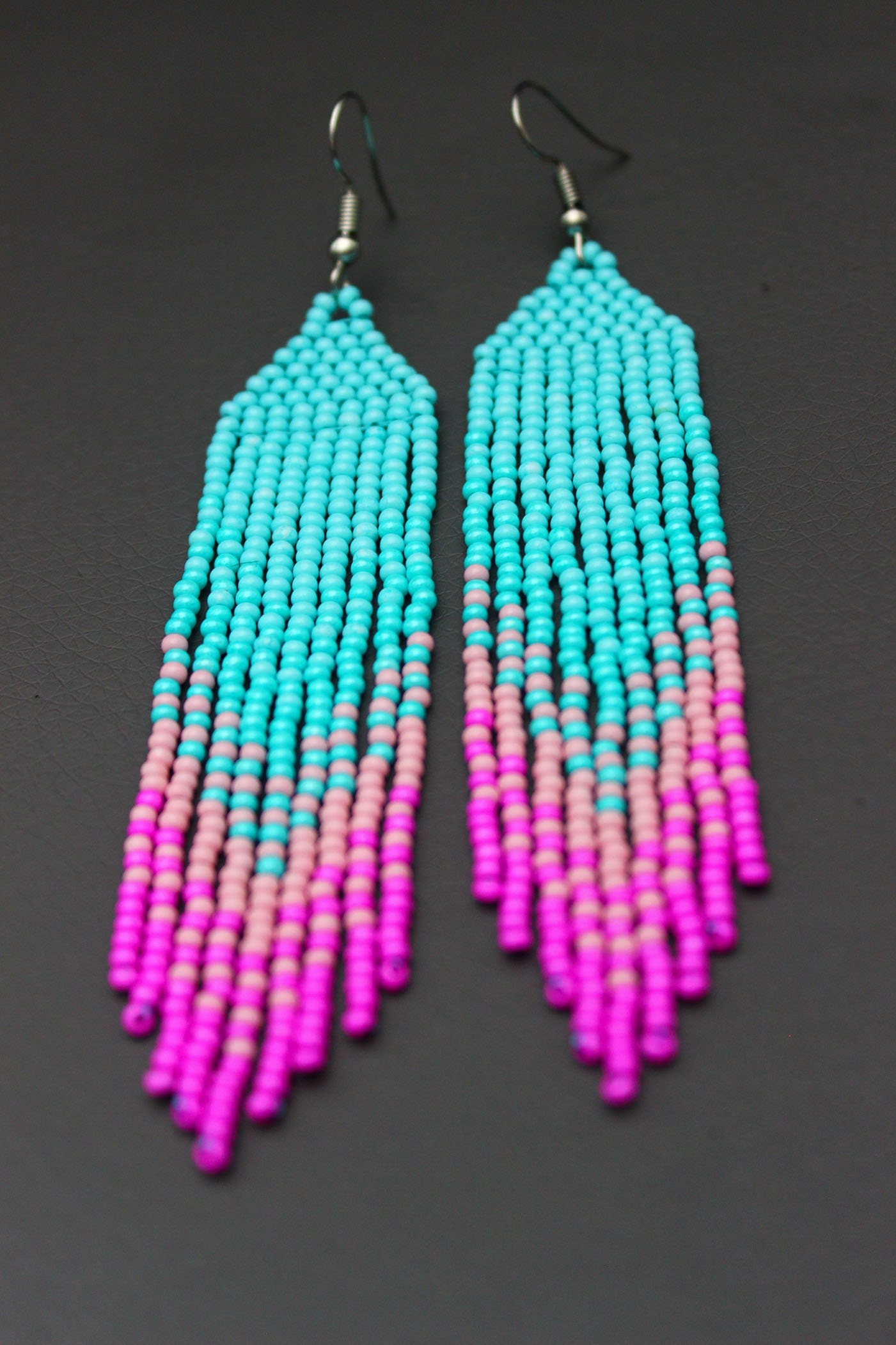 Blue pink beaded earrings Dangle earrings Long beadwork | Etsy