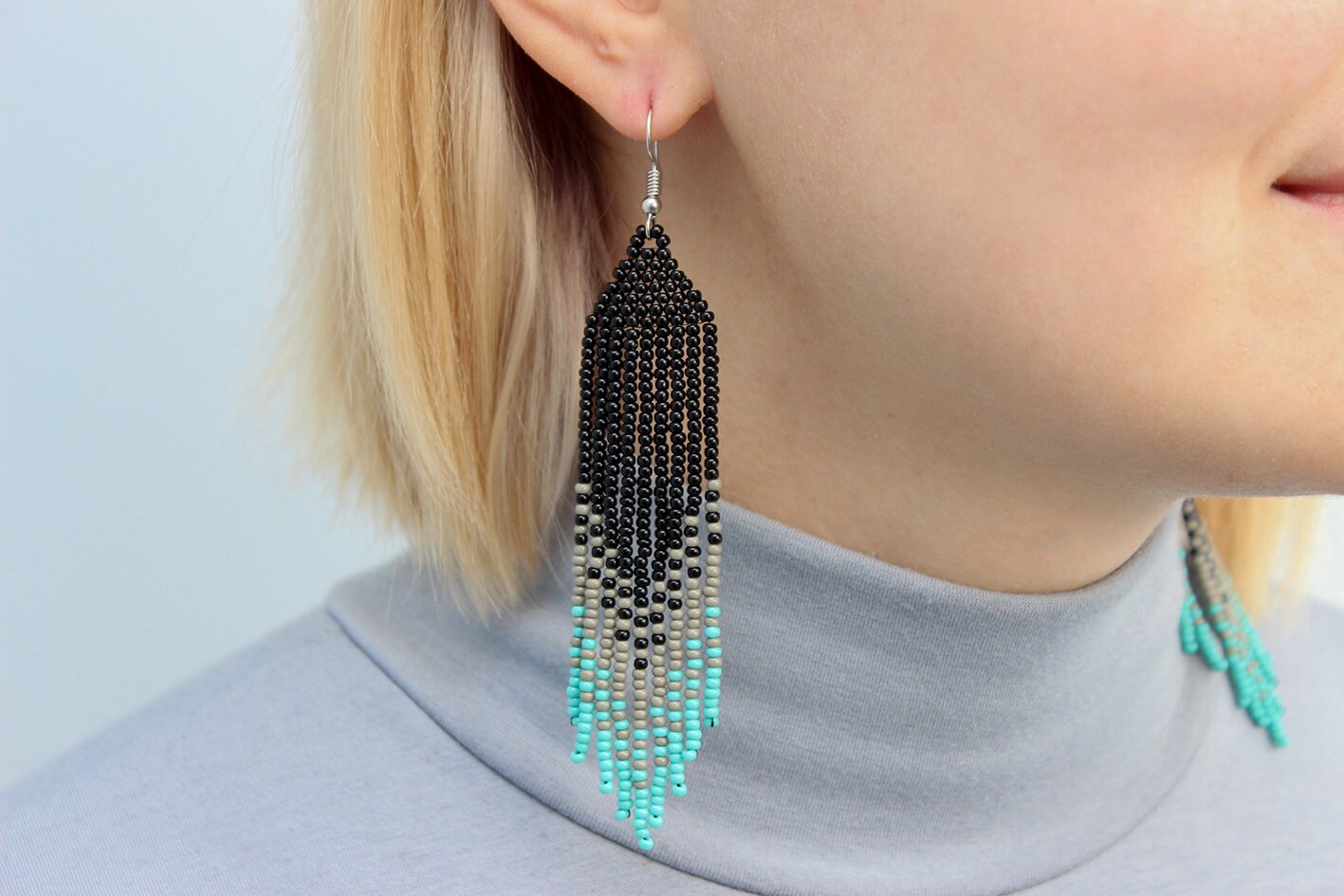 Turquoise Fringe Beaded Earrings Earrings for Women Seed Bead - Etsy