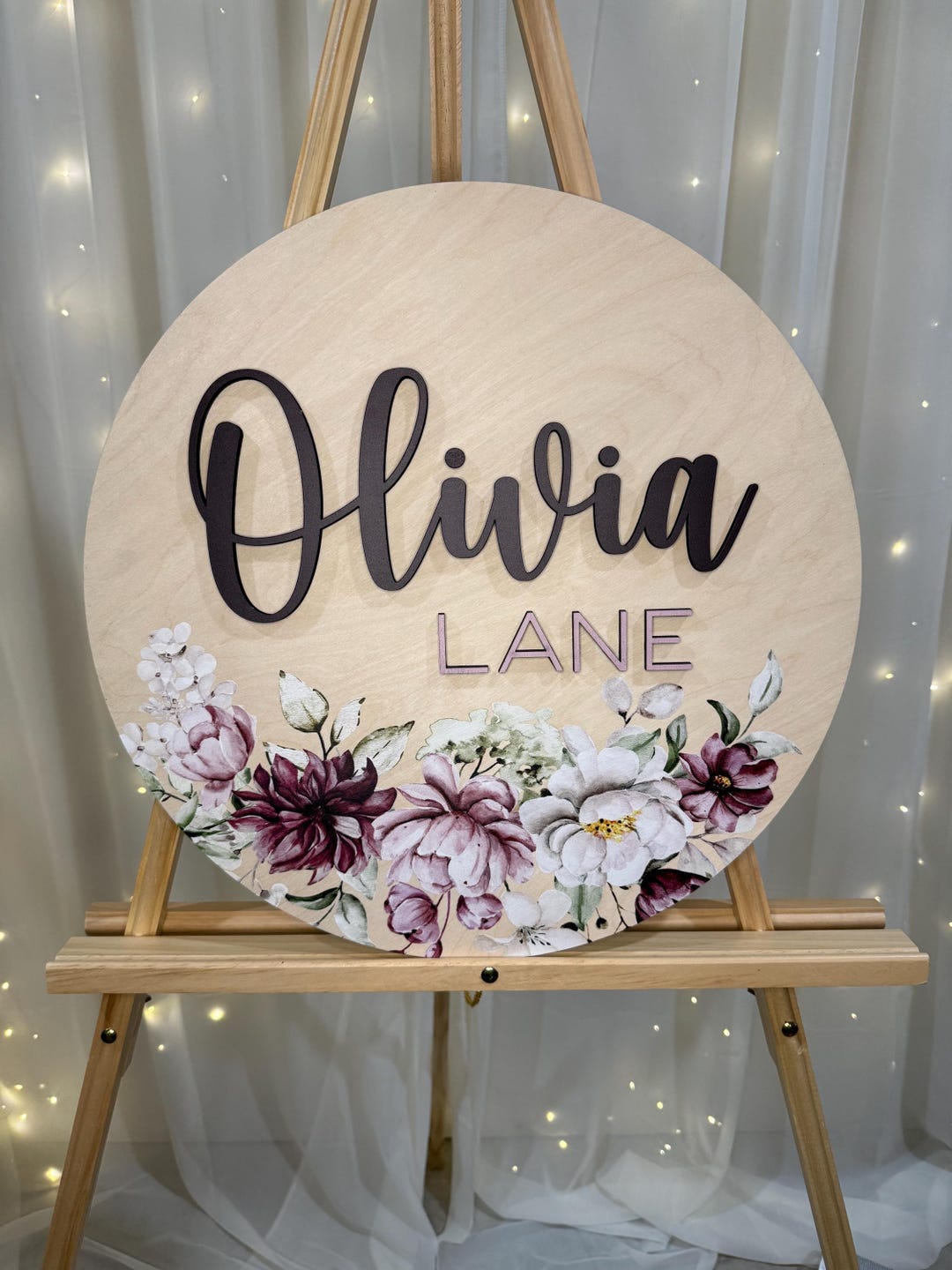 Round 3D Nursery Name Sign Floral Pattern, Personalized Wooden Sign, 18 ...