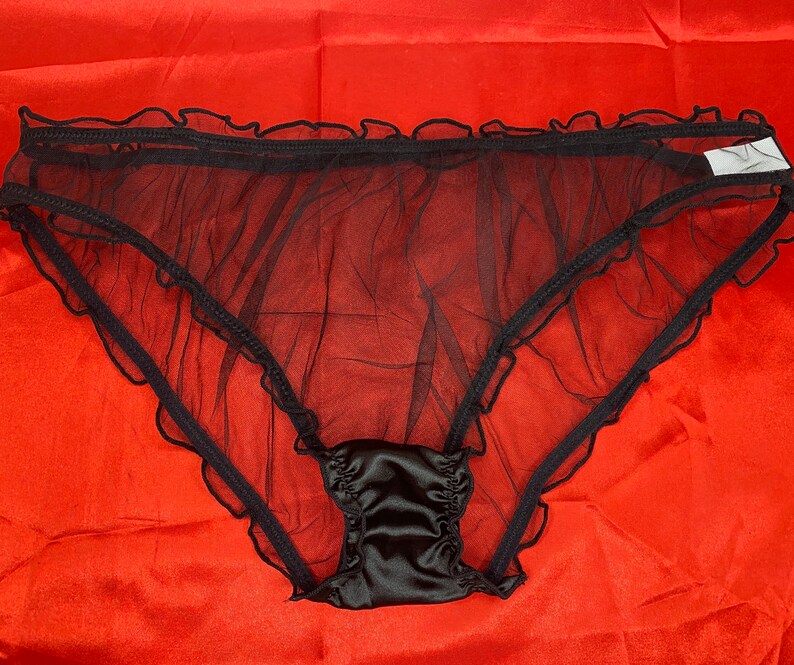 Black Frilly See Through Nylon Mesh Bikini Panties With Satin Crotch Size M L Xl Etsy