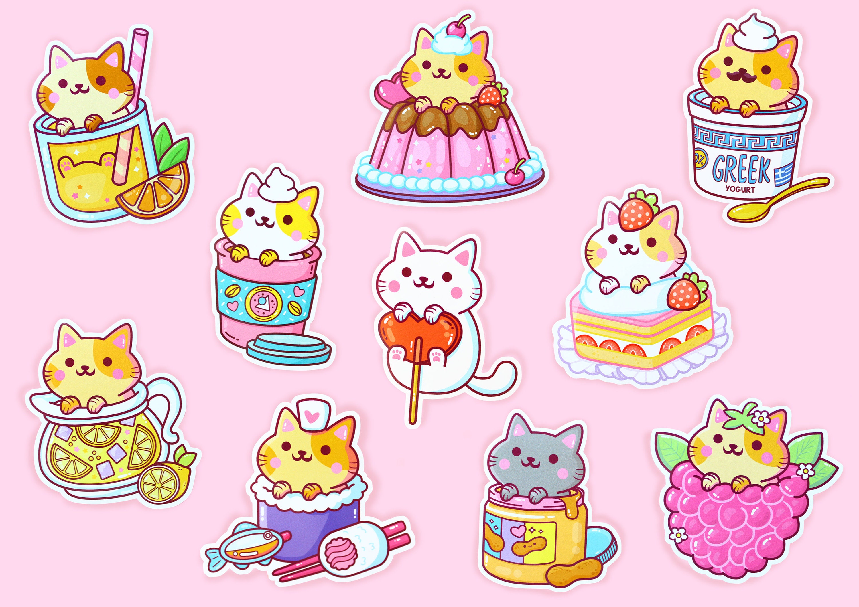 Sticker Set Series 5 10pcs Kawaii Yum Yum Cats Vinyl Etsy