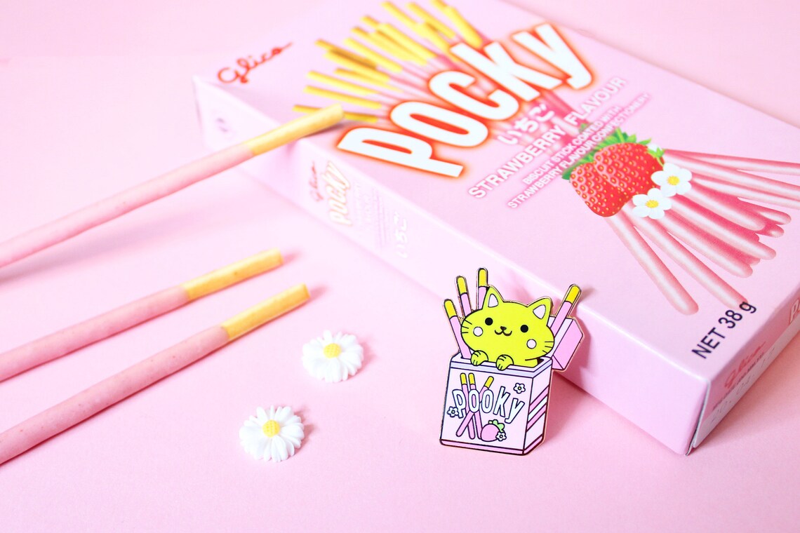 Pocky Strawberry Foodie Cat Hard Enamel Gold Lapel Pin - Etsy UK