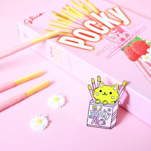 Pocky Strawberry Foodie Cat - Hard Enamel Gold Lapel Pin Kawaii Cats ...