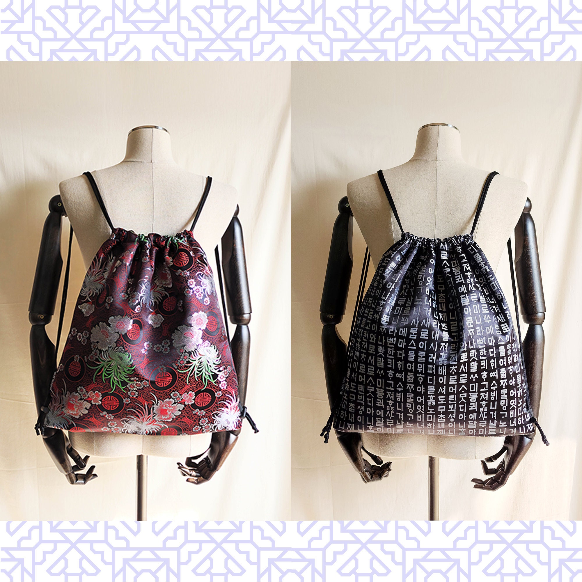 Korea Traditional Hanbok Fabric Drawstring Backpack, Shoulder Bag ...