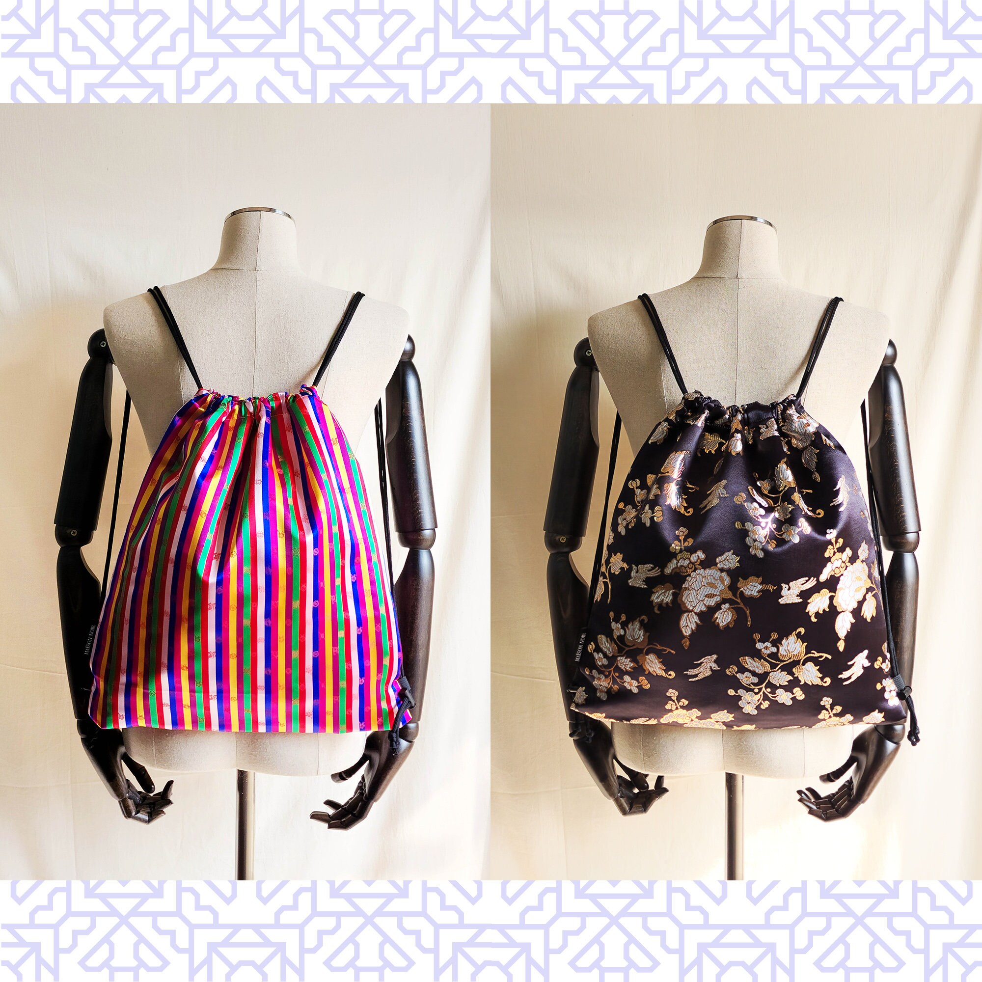 Korea Traditional Hanbok Fabric Drawstring Backpack, Shoulder Bag ...