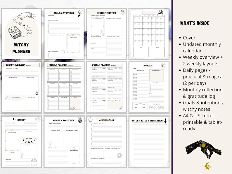 Witchy Planner Printable - Undated Monthly, Weekly and Daily Pages With ...