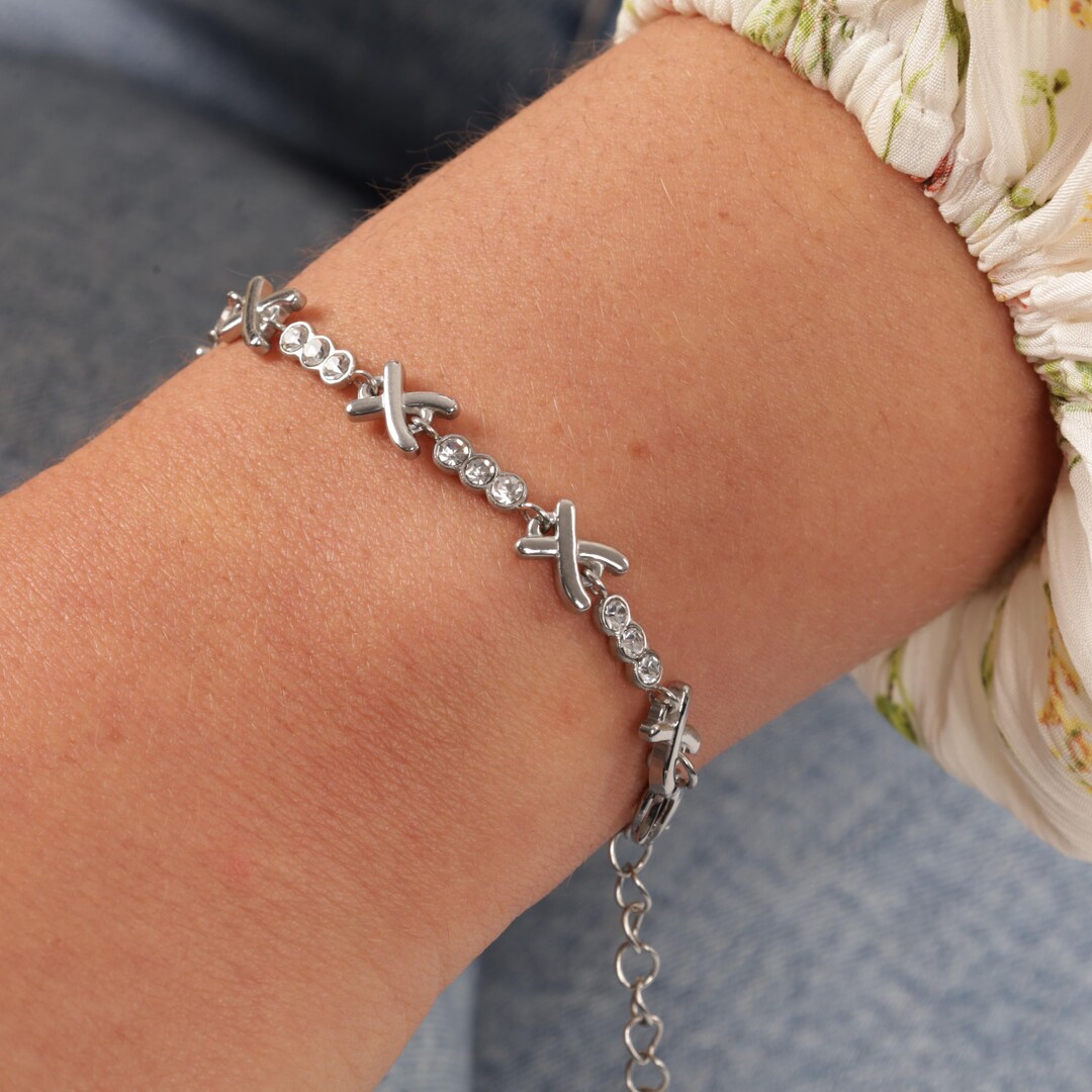 Gemma Silver Cross XO Bracelet - Sparkling Crystal Charm, Non-tarnish ...