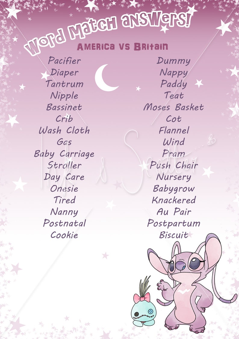 Angel From Lilo and Stitch Baby Shower Word Match Game - Etsy