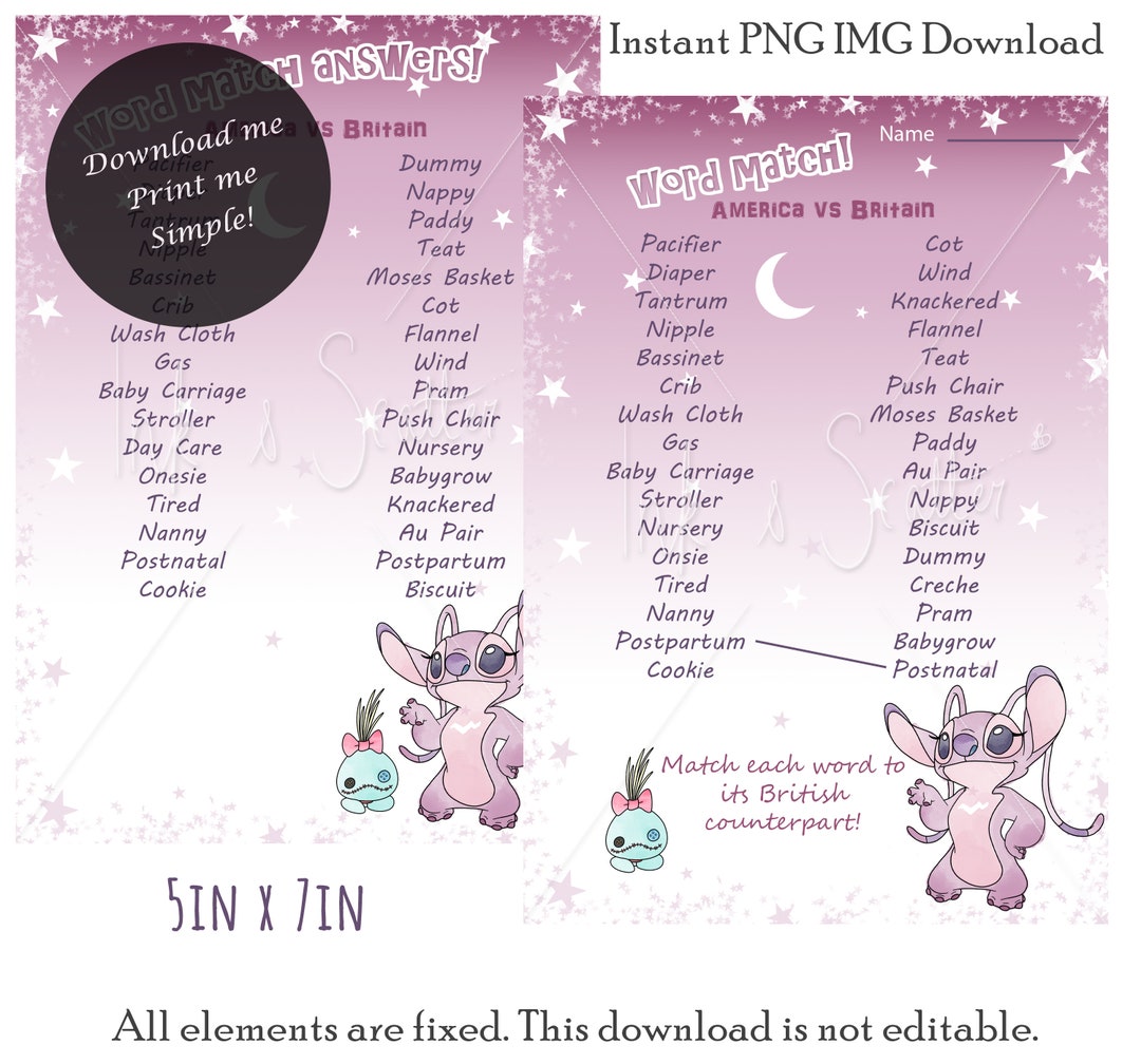 Angel From Lilo and Stitch Baby Shower Word Match Game - Etsy