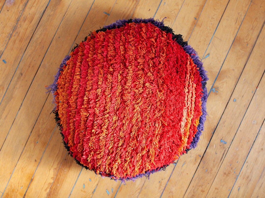 Funky Circle Pouf, Moroccan Pouf, Shaggy Pouf, Warm Tone Pouf, Floor ...