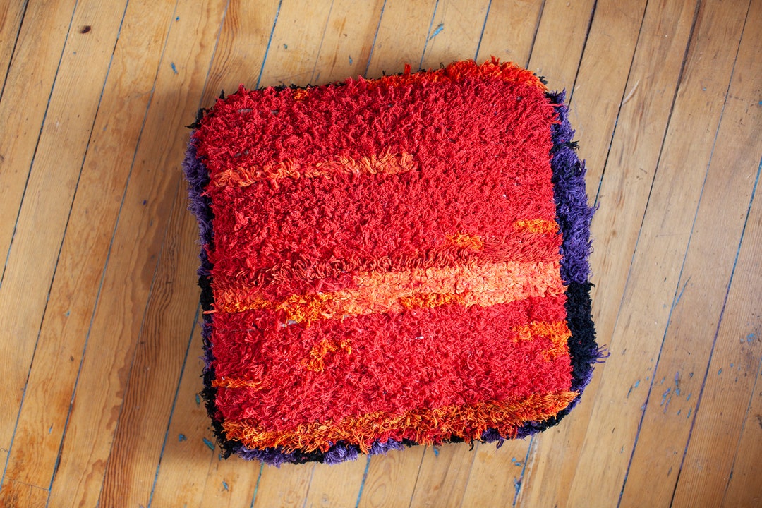 Funky Square Pouf, Moroccan Pouf, Shaggy Pouf, Warm Tone Pouf, Floor ...