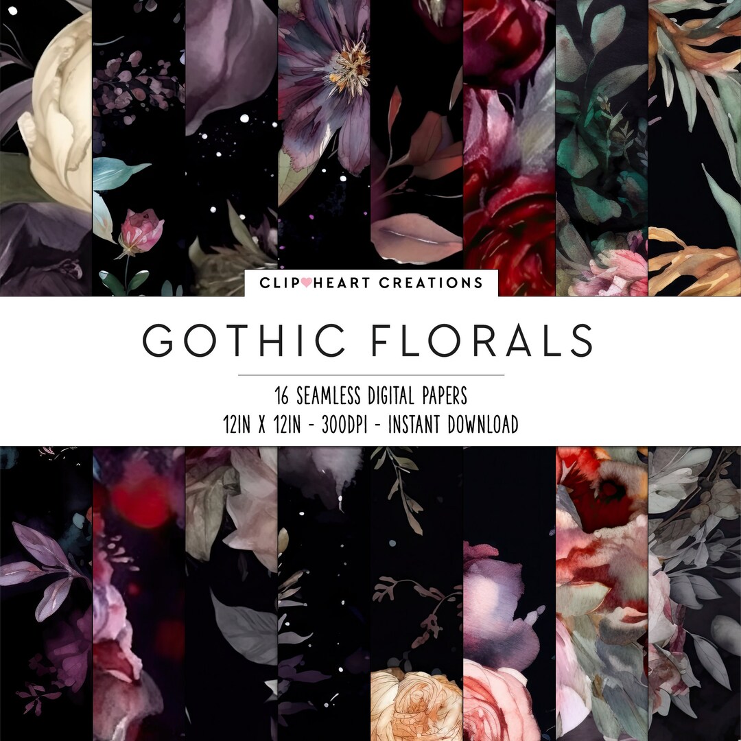 Gothic Florals Watercolor Flowers Digital Papers, Seamless Commercial ...