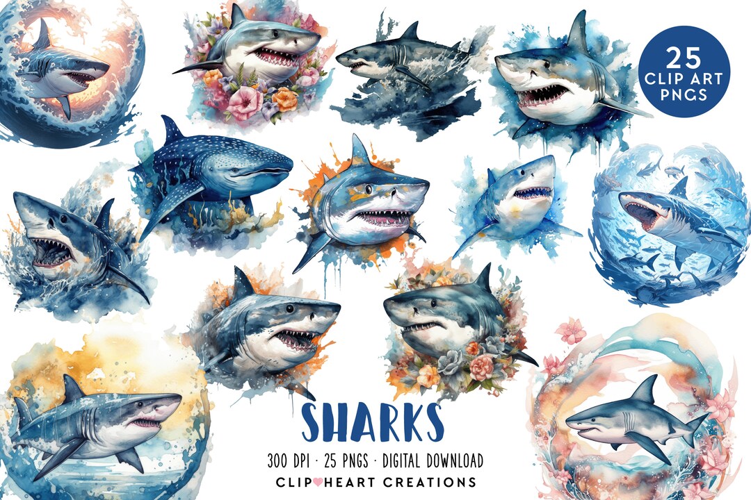Cool Sharks Watercolor Clipart Set, Commercial Use Instant Download PNG ...
