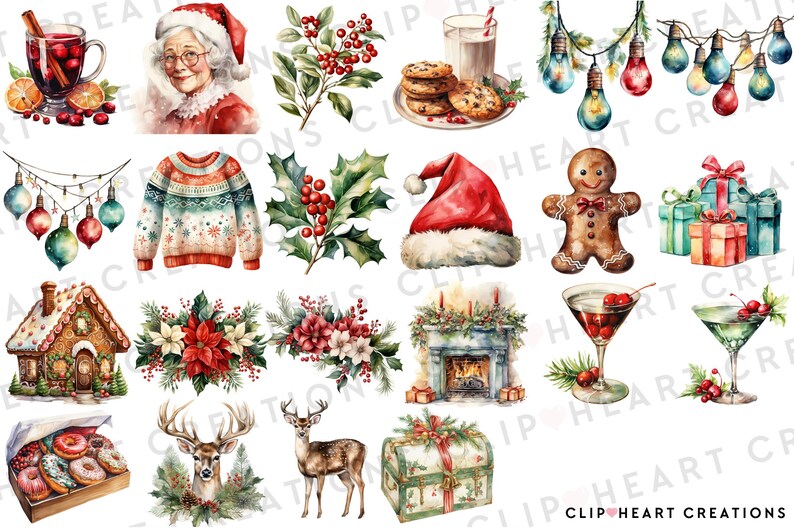Watercolor Classic Christmas Clipart Set, Commercial Use Instant ...