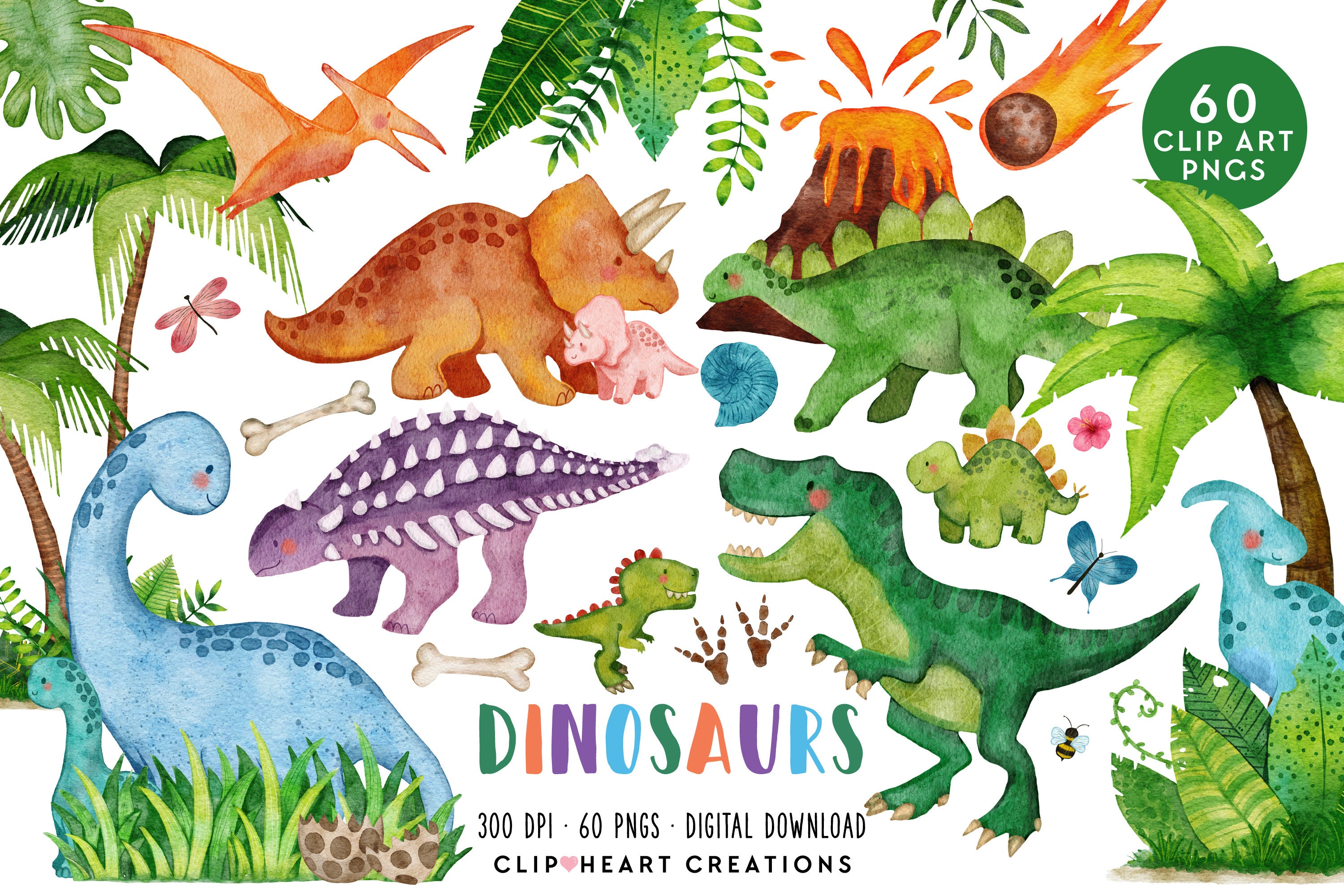 Dinosaurs Watercolor Clip Art, Commercial Use Instant Download PNG ...