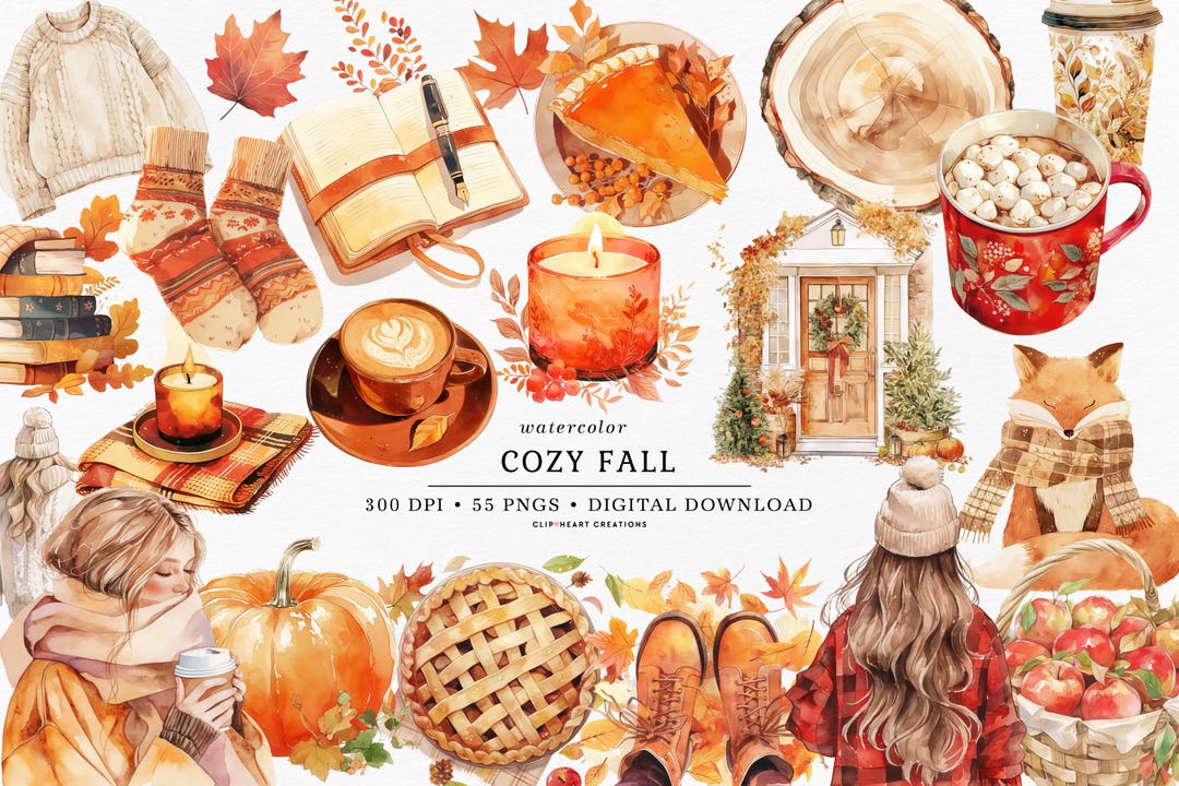Cozy Fall Watercolor Clipart Set, Commercial Use Instant Download PNG ...