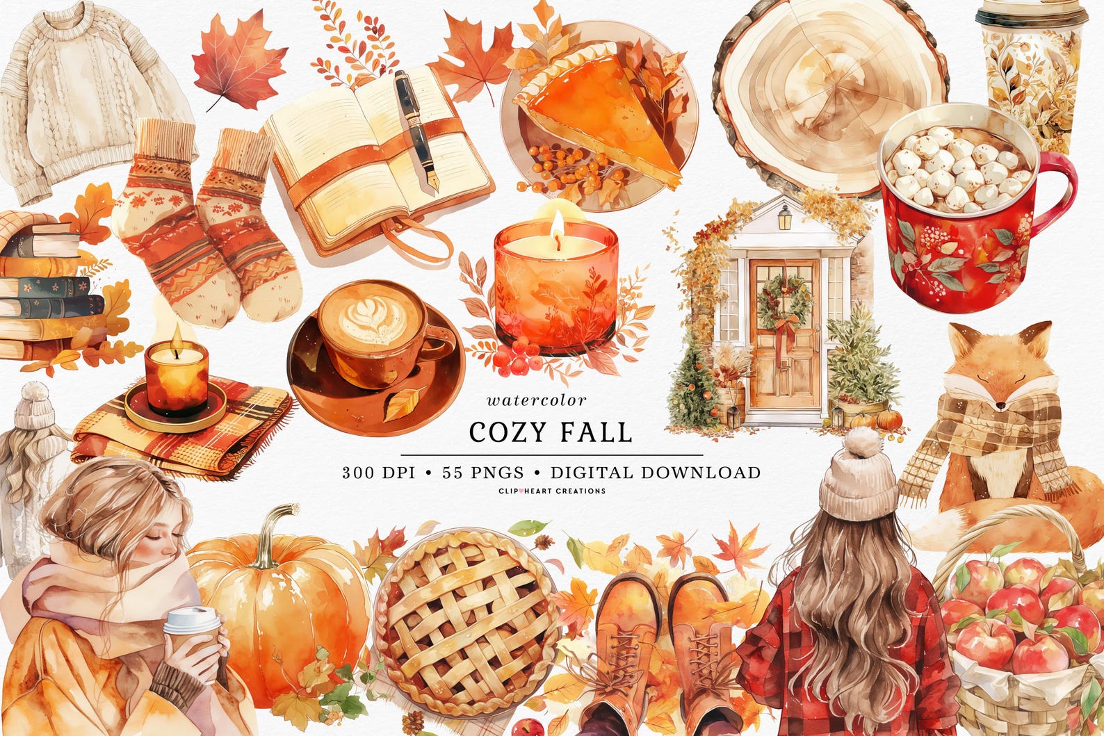Cozy Fall Watercolor Clipart Set, Commercial Use Instant Download PNG ...