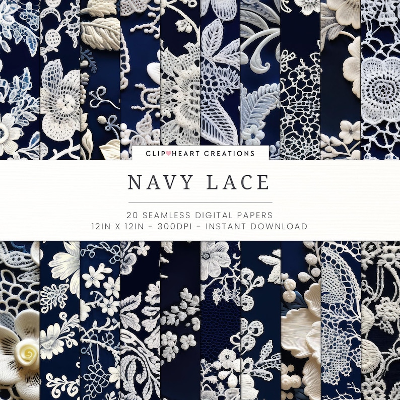 Navy Blue Lace Digital Papers, Seamless Commercial Use Instant Download ...