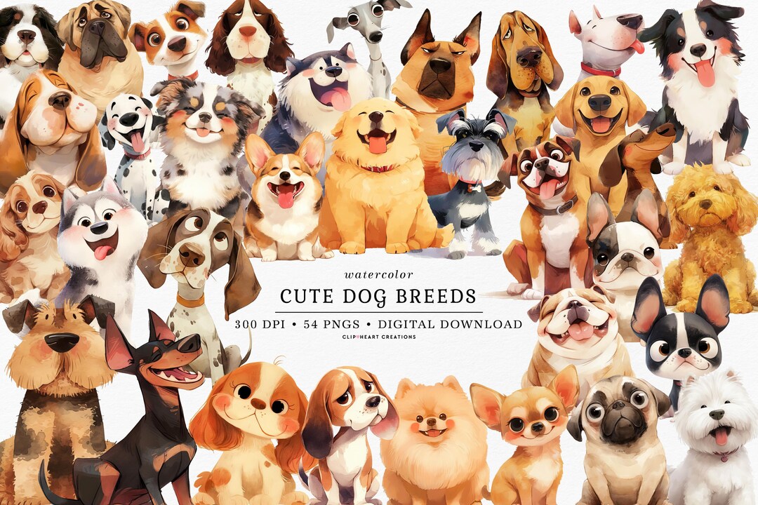 Cute Dog Breeds Watercolor Clipart Set, Commercial Use Instant Download ...