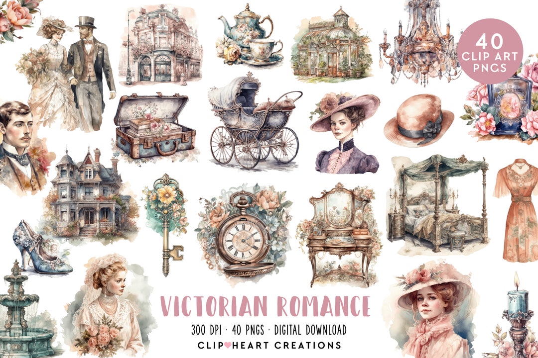 Victorian Romance Watercolor Clipart Collection, Commercial Use Instant ...