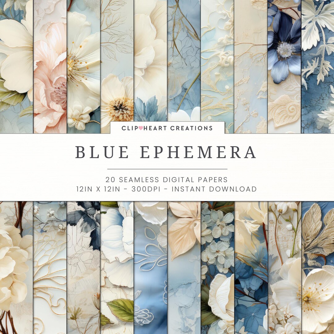Blue Vintage Ephemera Floral Digital Papers, Seamless Commercial Use ...
