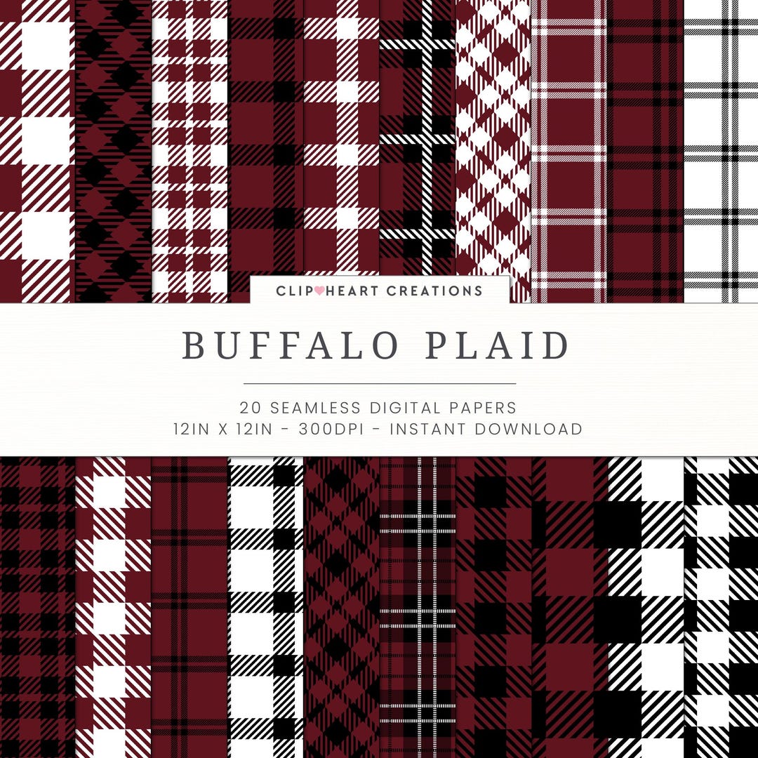 Burgundy Buffalo Plaid Digital Paper Set, Seamless Lumberjack Plaid ...