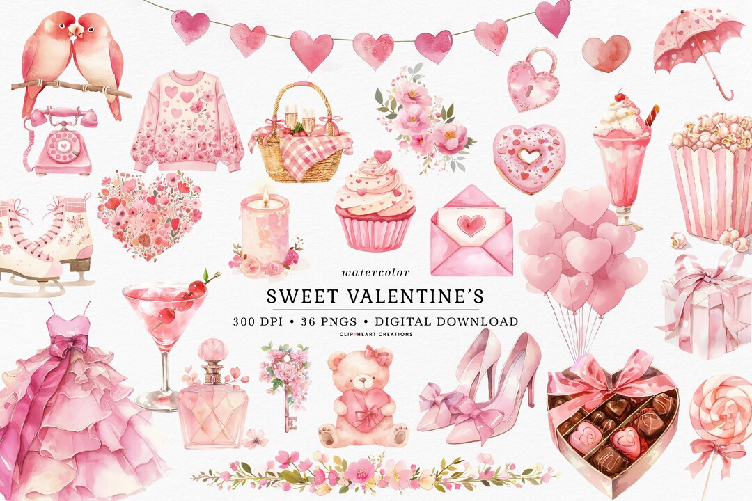 Sweet Valentines Watercolor Clipart Collection, Commercial Use Instant ...