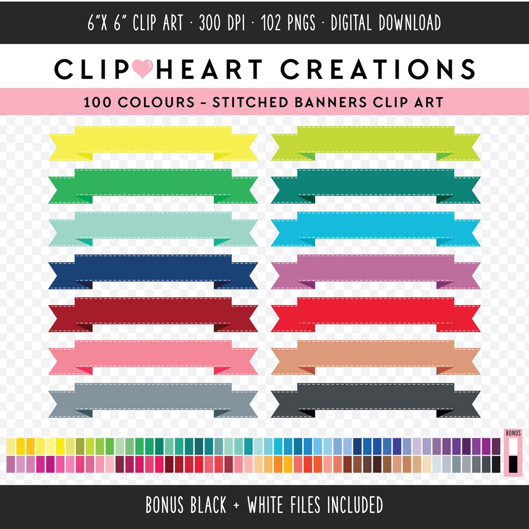 100 Stitched Ribbon Banner Digital Clip Art, Commercial Use Instant ...