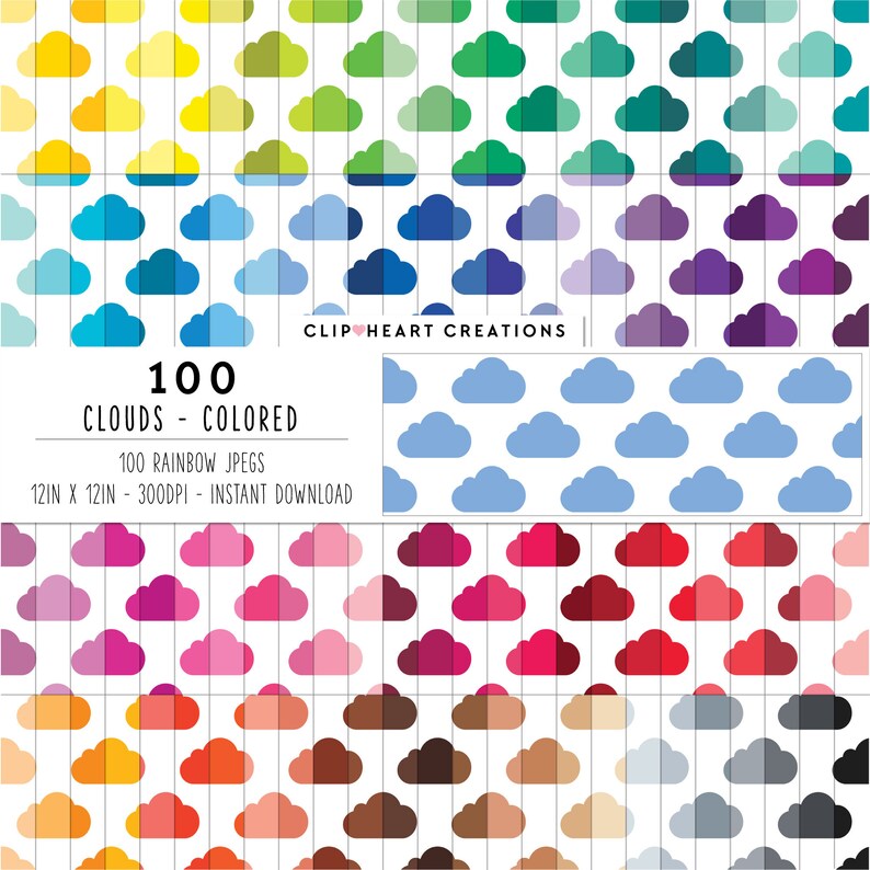100 Clouds Digital Papers, Commercial Use Seamless Rainbow Pattern ...