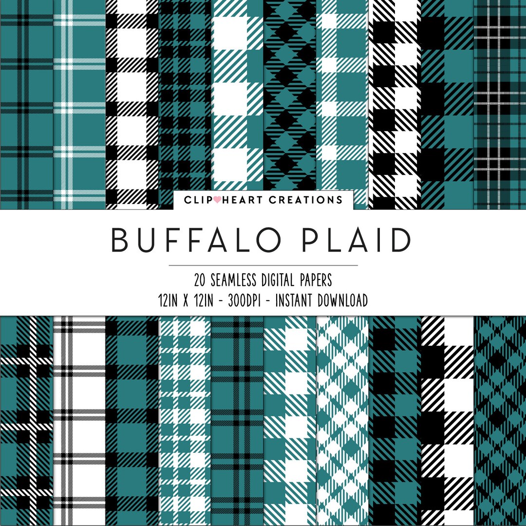 Teal Buffalo Plaid Digital Paper Set, Seamless Lumberjack Plaid Papers ...