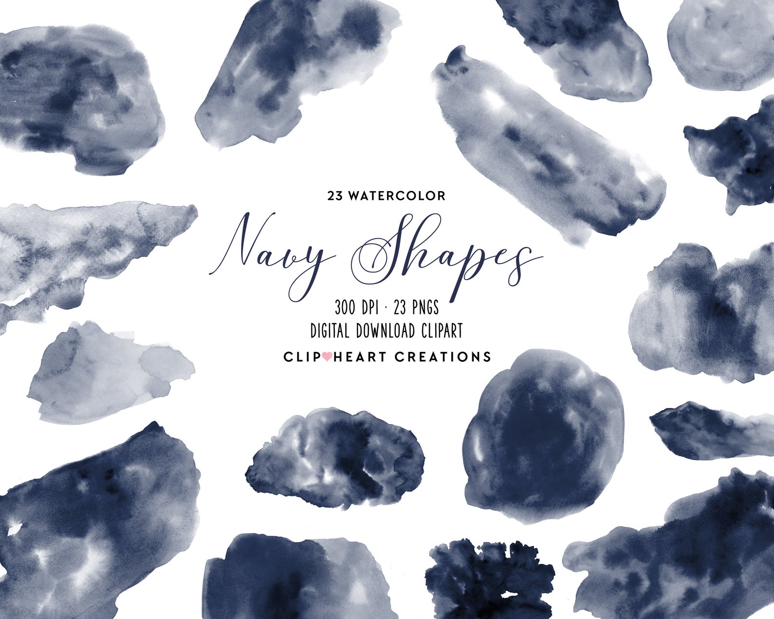 Navy Watercolor Shapes Clip Art, Commercial Use Instant Download PNG ...