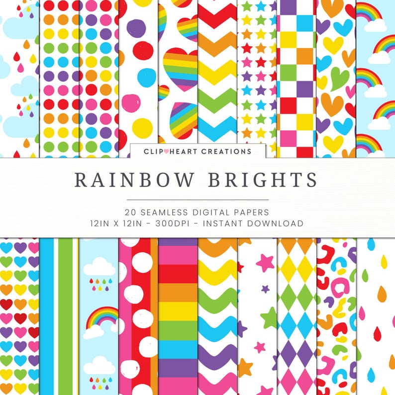 Rainbows Digital Paper Patterns, 20 Seamless Commercial Use Instant ...