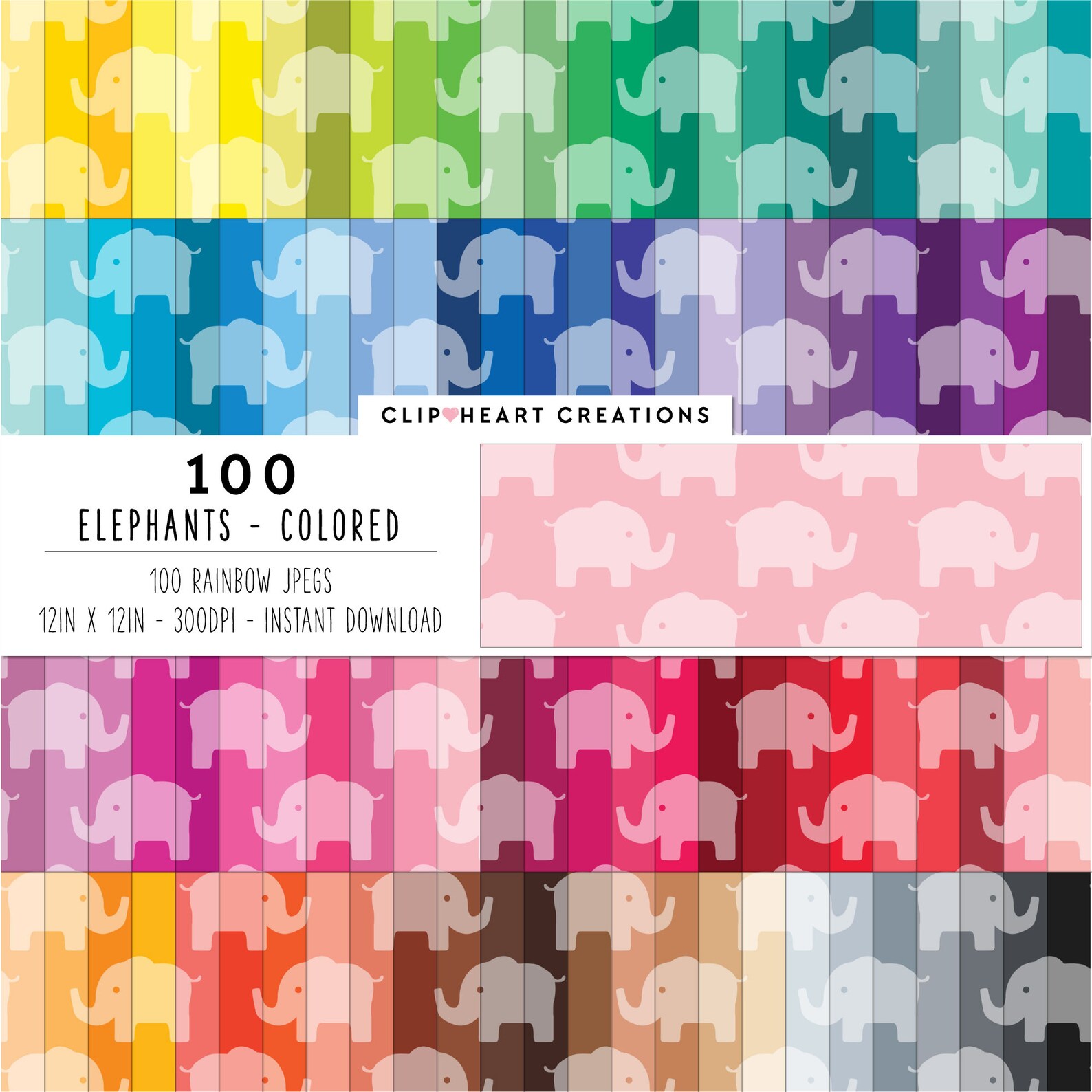 100 Elephant Pattern Digital Papers, Commercial Use Seamless Elephants ...