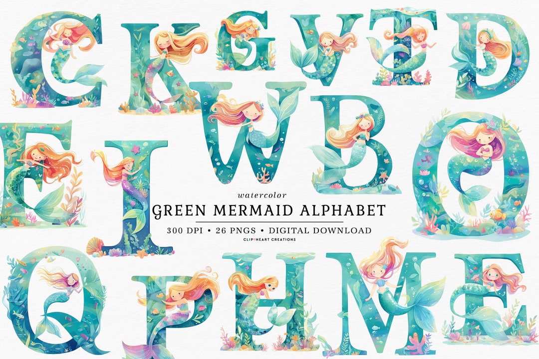 Mermaid Alphabet Clip Art, Commercial Use Instant Download Fantasy ...
