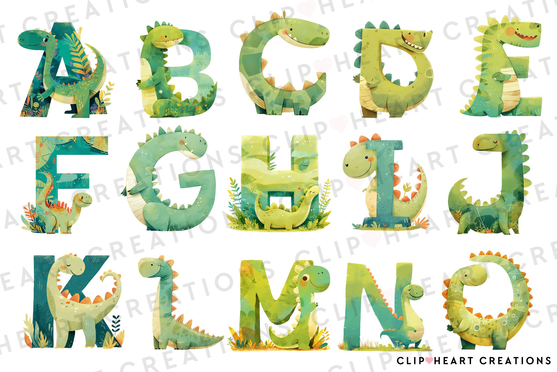 Green Dinosaur Alphabet Clip Art, Commercial Use Instant Download Dino ...