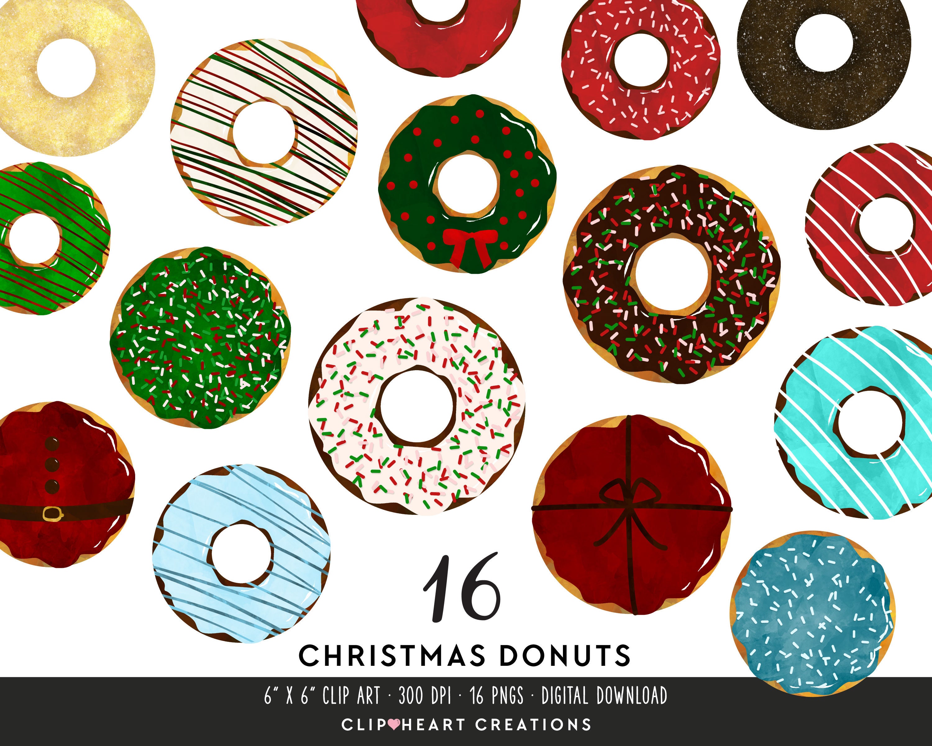 Watercolor Christmas Donut Clip Art Commercial Use Instant | Etsy