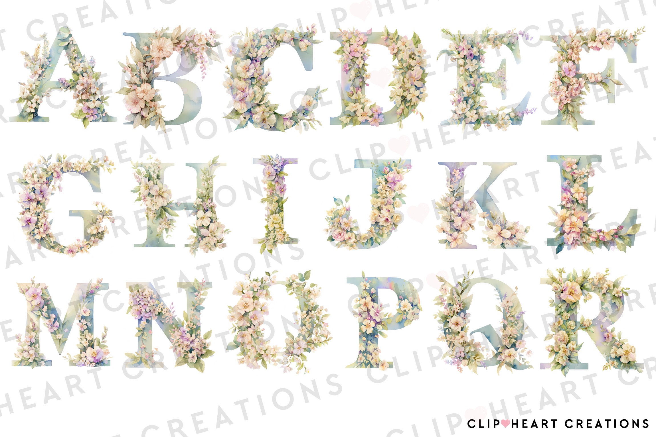 Spring Florals Alphabet Clip Art, Commercial Use Instant Download ...